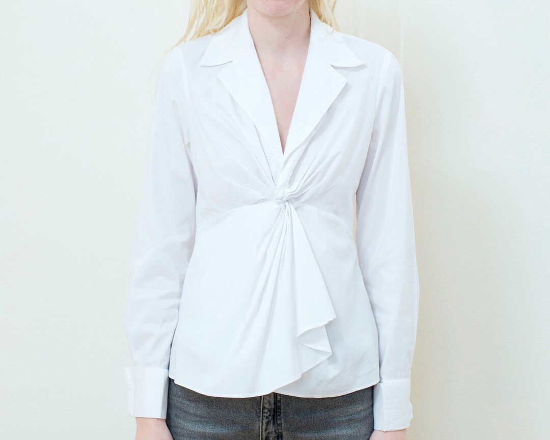 White Cotton Draped Blouse 90s Collared Shirt Gathered Blouse Point ...