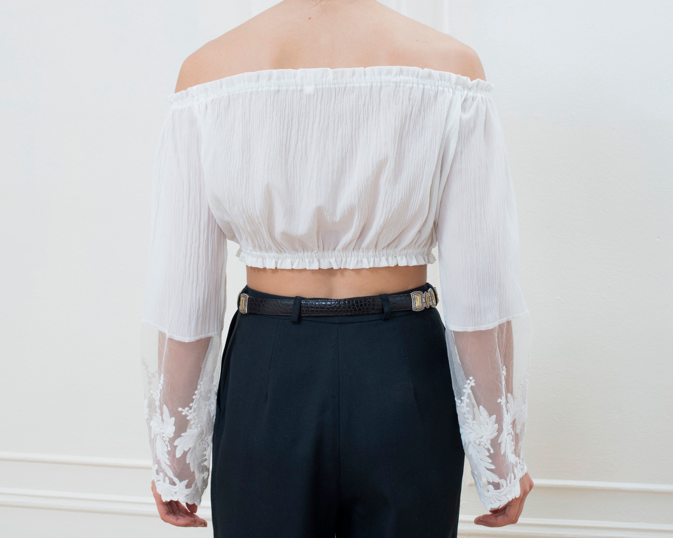 80s White Lace Crop Top Gathered Floral Lace Drawstring - Etsy