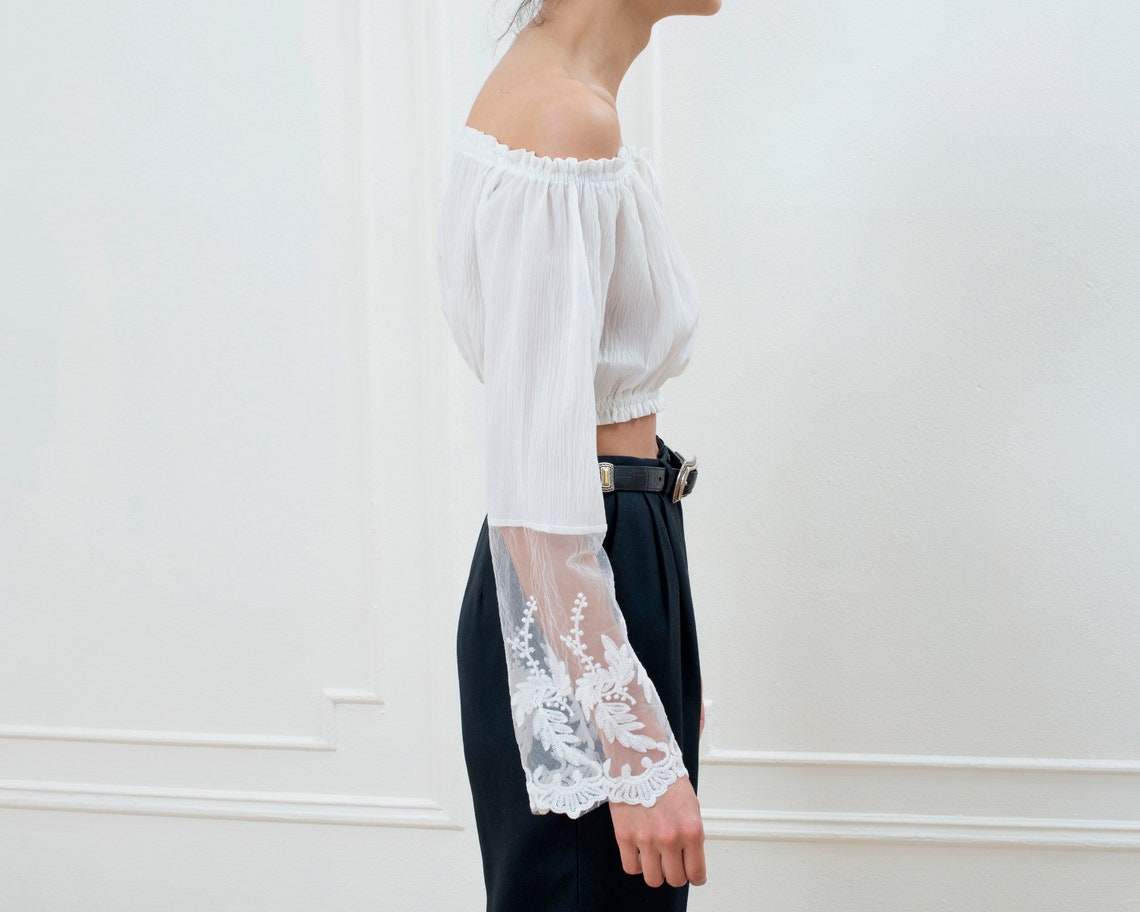 80s White Lace Crop Top Gathered Floral Lace Drawstring - Etsy