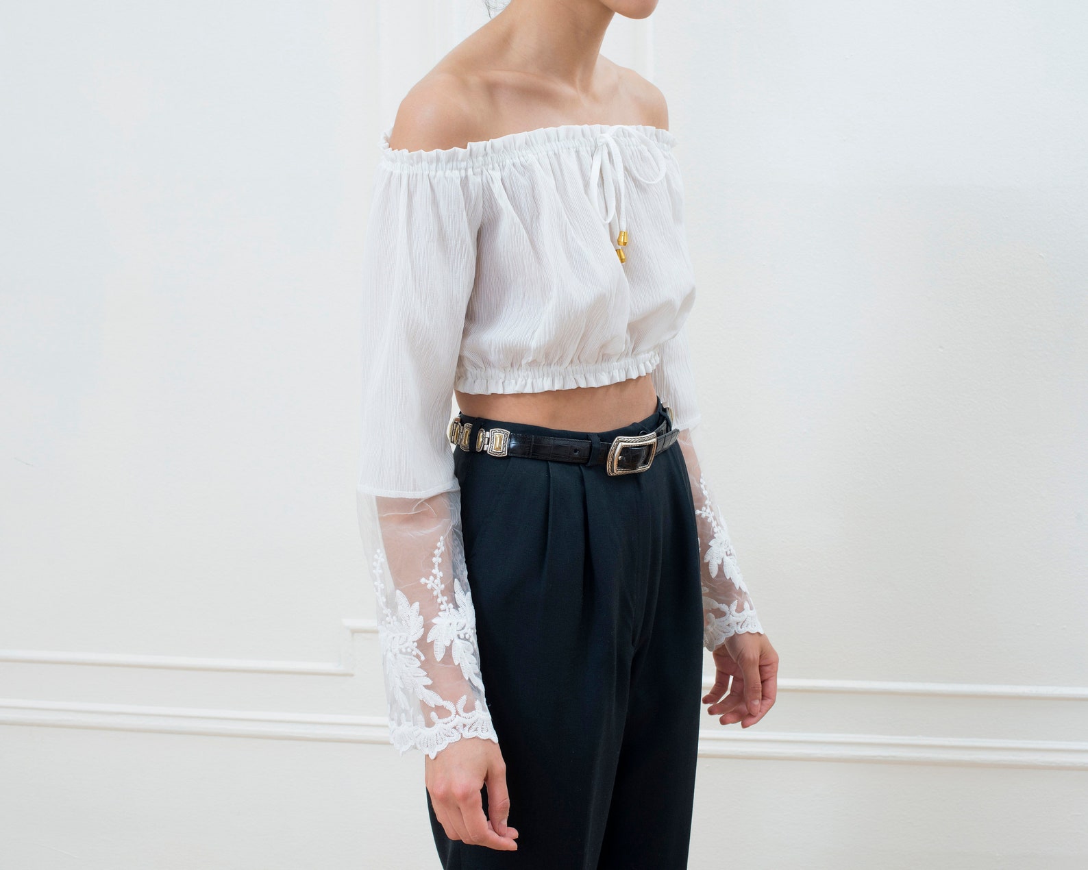 80s White Lace Crop Top Gathered Floral Lace Drawstring - Etsy