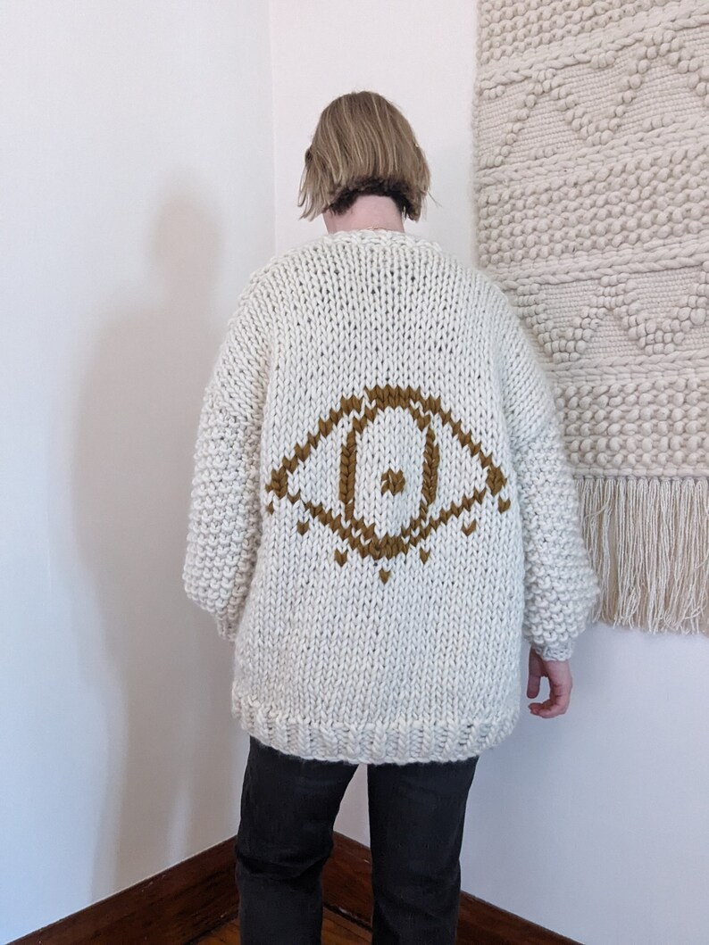 Handknit Long Ivory Unique Chunky Evil Eye Cardigan. Merino Wool ...