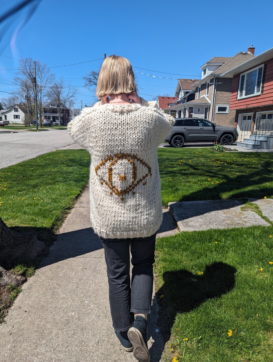 Handknit Long Ivory Unique Chunky Evil Eye Cardigan. Merino Wool ...