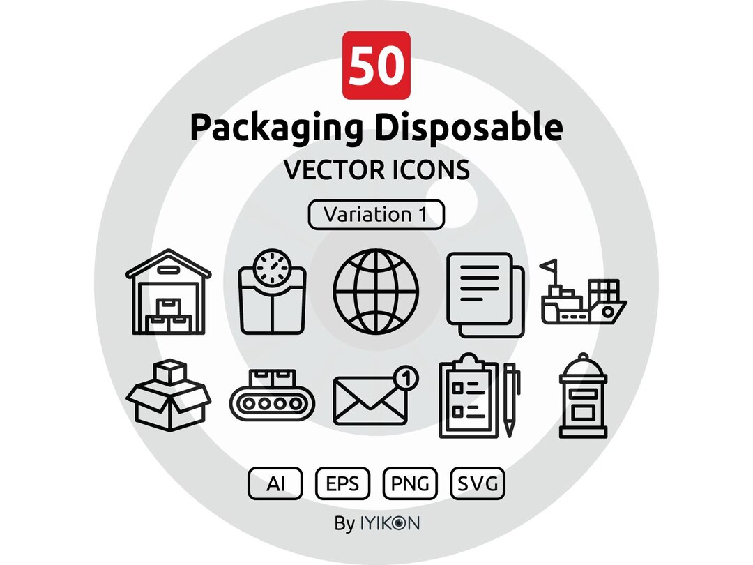 50 Packaging Disposable Icons | Thick Line Icon Bundle – | Instant ...
