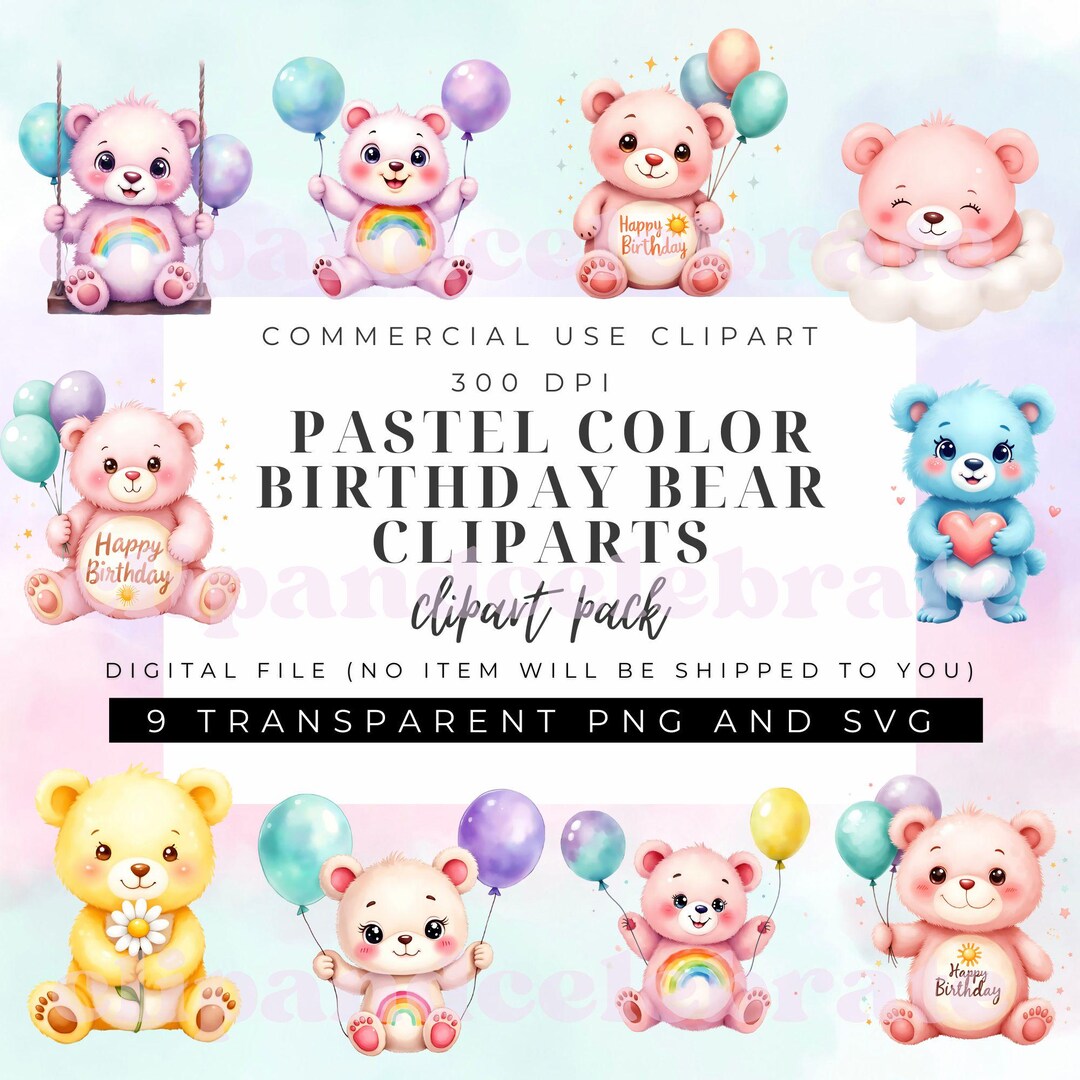 Bear Party Decor, 9 Bears Clipart Bundle, Kawaii Pastel Watercolor ...