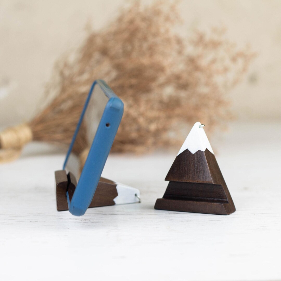 Wooden Snowy Mountain Phone Stand and Keychain | Compact Natural Desk ...