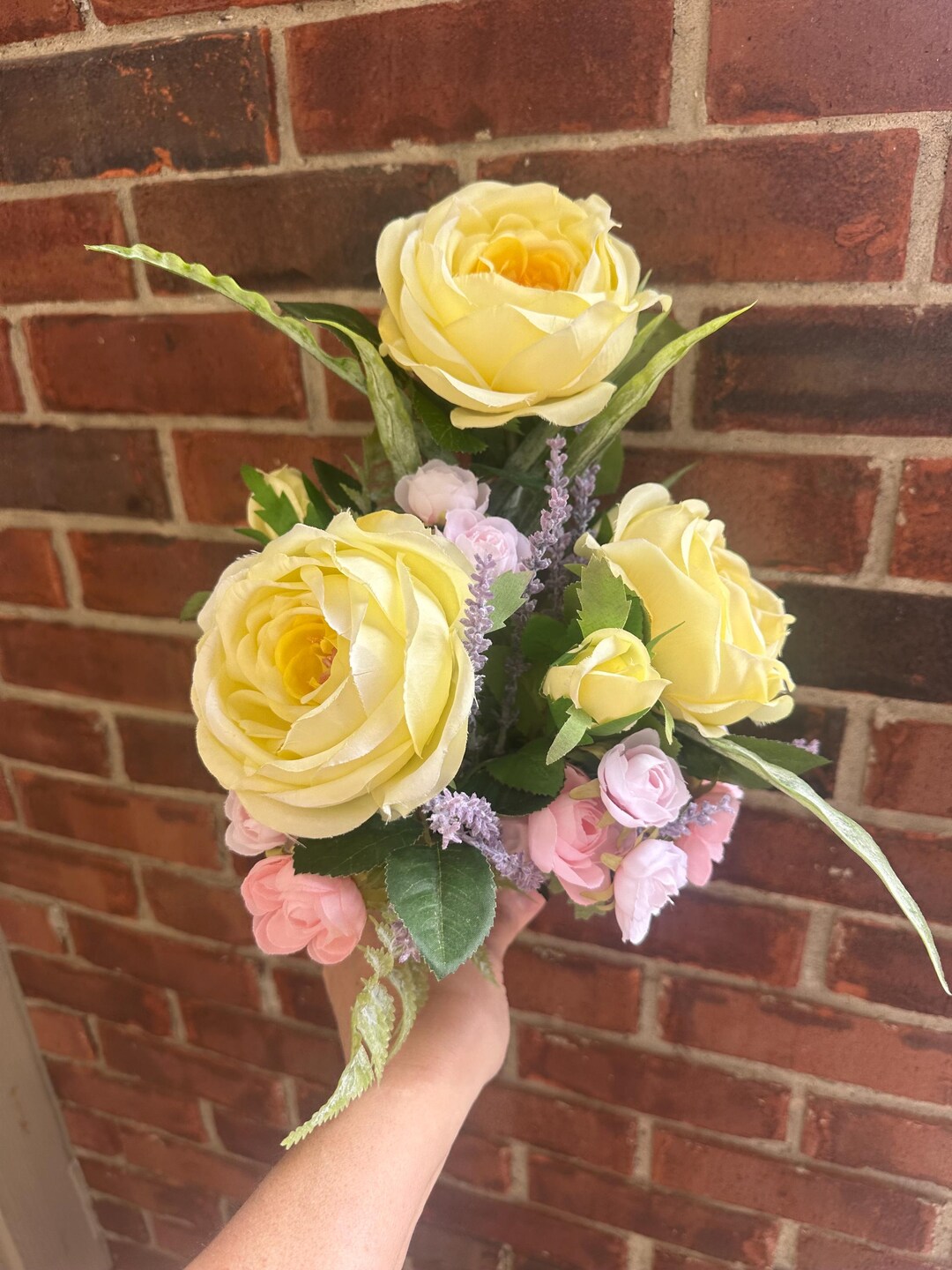Yellow Garden Rose Mausoleum Bouquet / Cemetery Flowers - Etsy