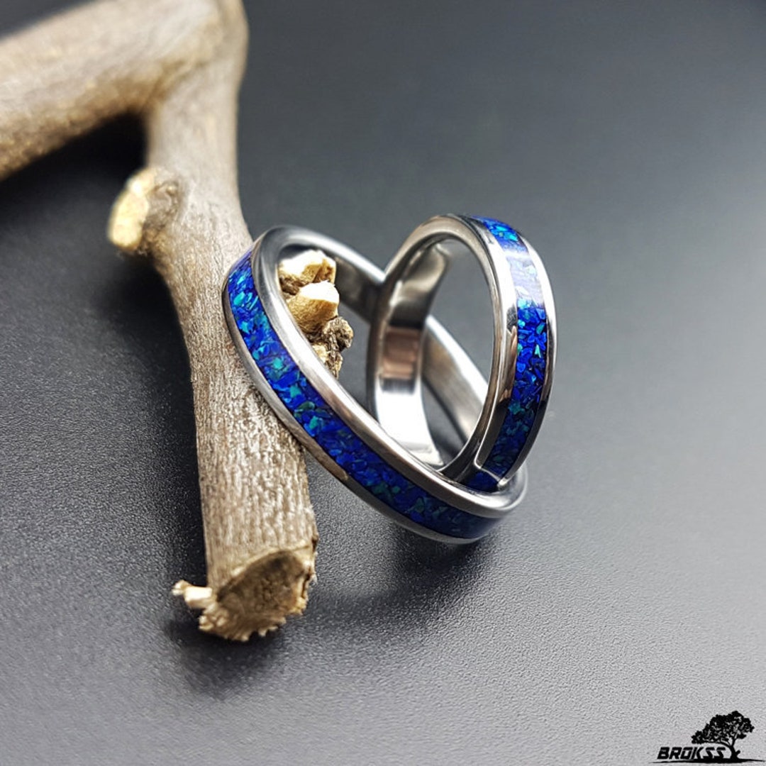 Titanium Rings Set, Titanium Wedding Ring Set With Inlaid Azurite and ...