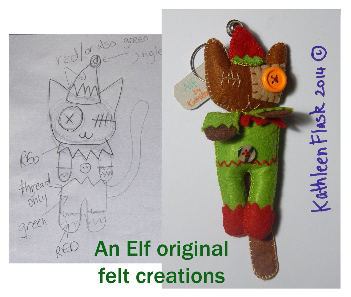 Christmas elf Keychain cat Handmade Hand stitched gift idea | Etsy