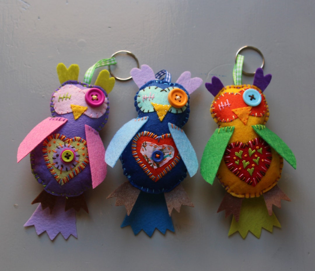 Owl Keychain Key Ring Handmade Night Bird Gift Idea Felt Hand Stitched ...