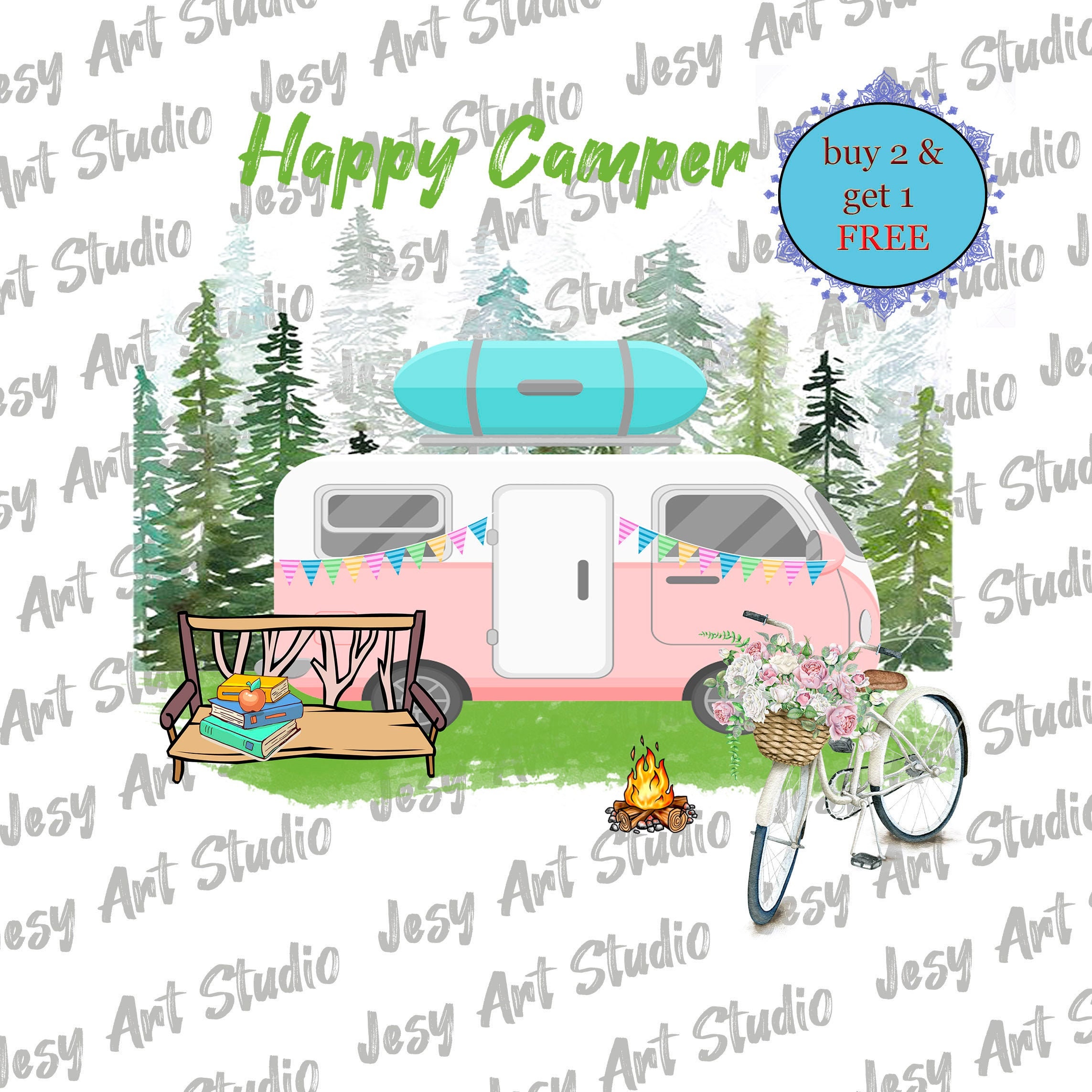 Happy Camper Clipart PNG Camping Scene Instant Downloads - Etsy Canada