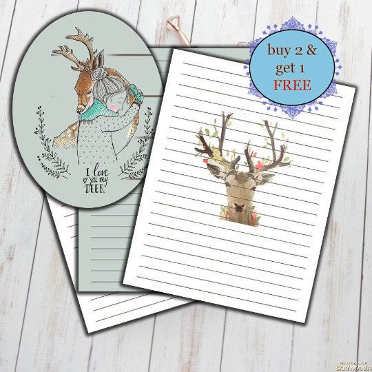 Writing Paper FALLOW DEER Printable Stationery Set WP215 Instant ...