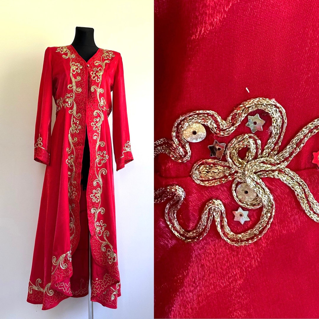 Red Shiny Kaftan Maxi Caftan Long Sleeve Indian Orient Gypsy Sexy Robe ...