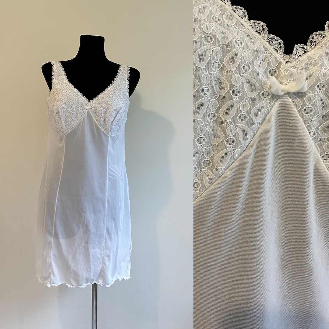 80s /90s Vintage Slip Negligee White Mini Nylon Lace Lingerie ...