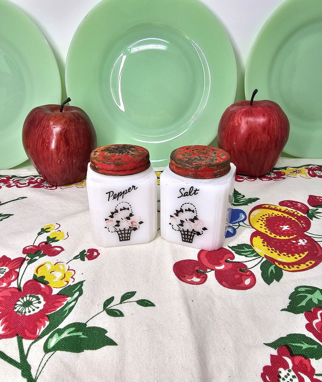 Vintage Tipp City Milk Glass "flower Basket" Salt and Pepper Shaker Set ...