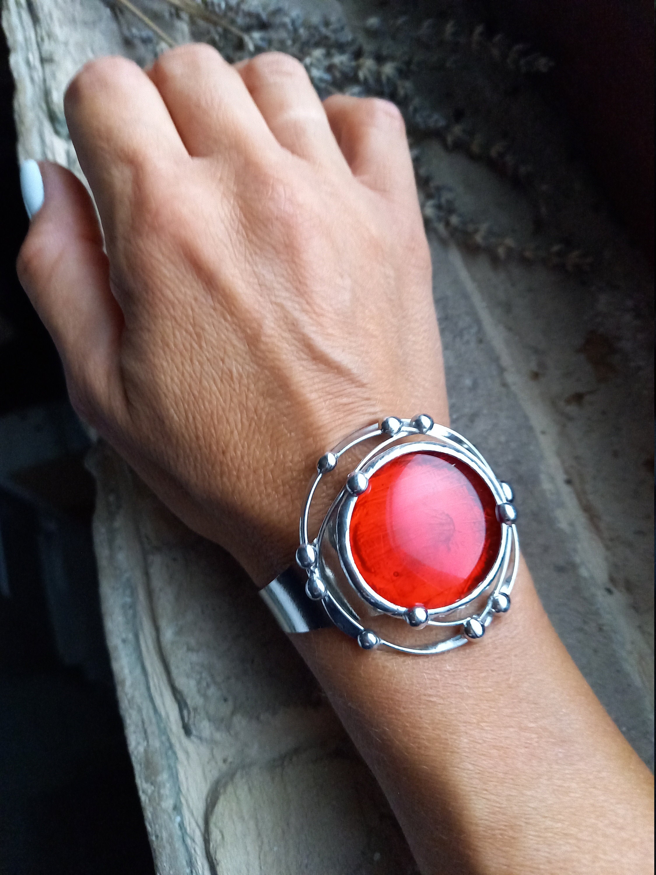 Red Glass Cuff Bracelet, Statement Bangle Bracelet, Stained Glass Art ...