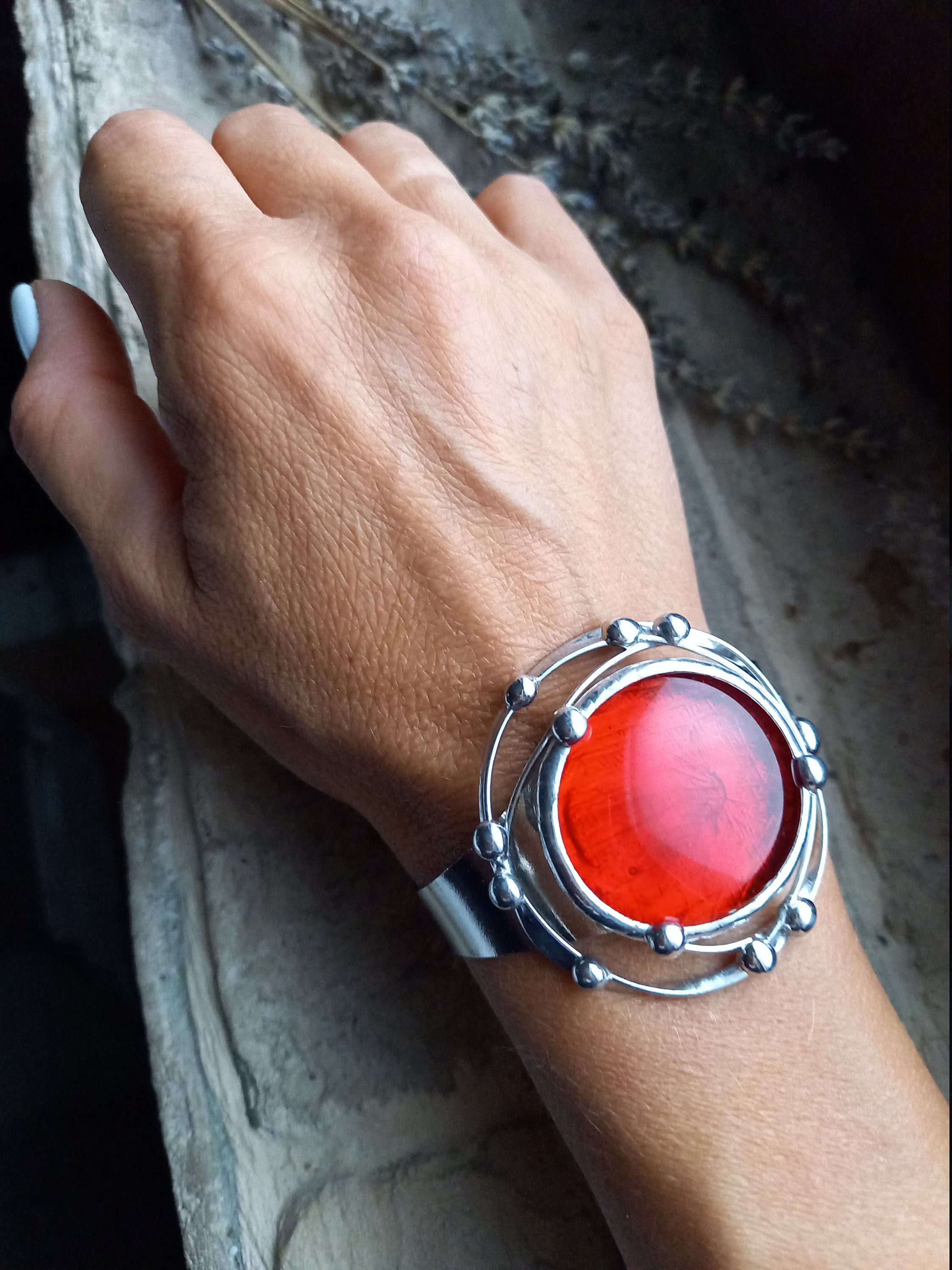 Red Glass Cuff Bracelet, Statement Bangle Bracelet, Stained Glass Art ...