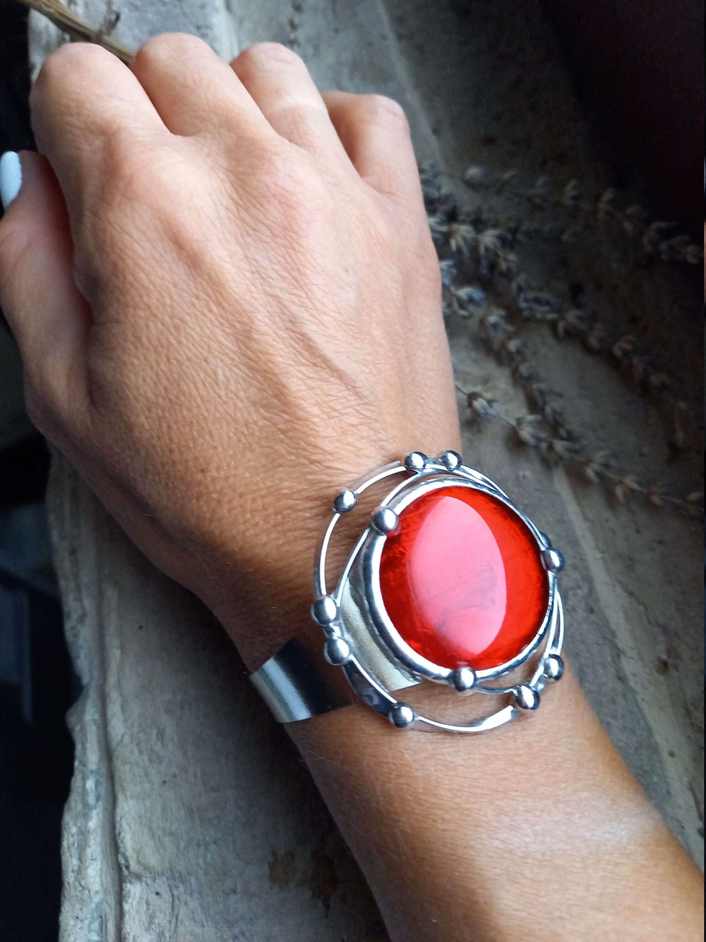 Red Glass Cuff Bracelet, Statement Bangle Bracelet, Stained Glass Art ...