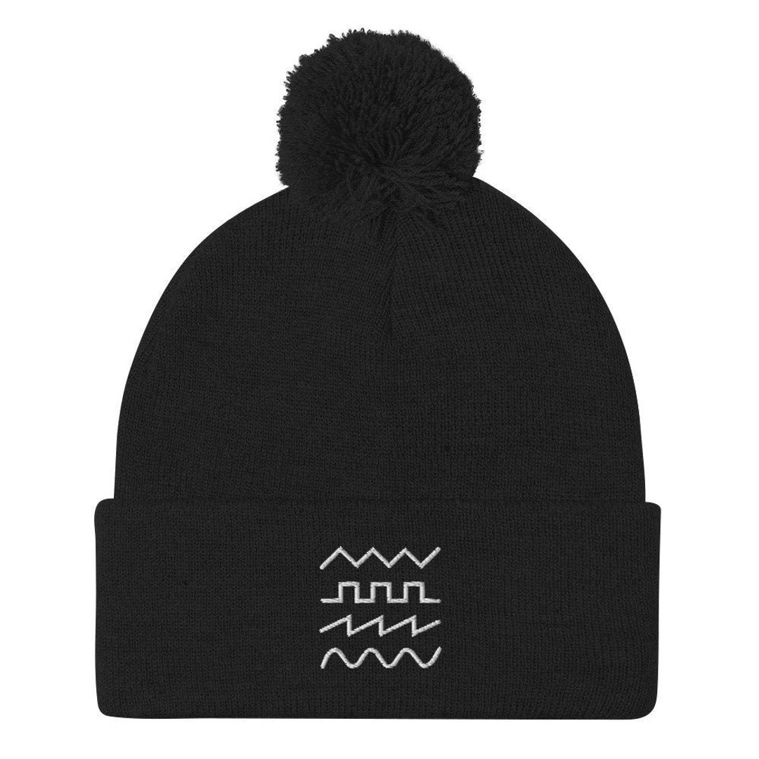 Synth Waveform Embroidered POM POM Beanie Skull Cap Winter Hat, Saw ...