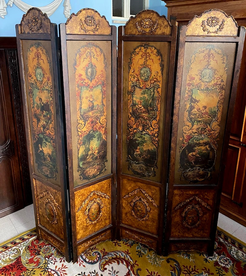 Ancient Folding Wooden Screen Painted With Bucolic Scenes - Etsy
