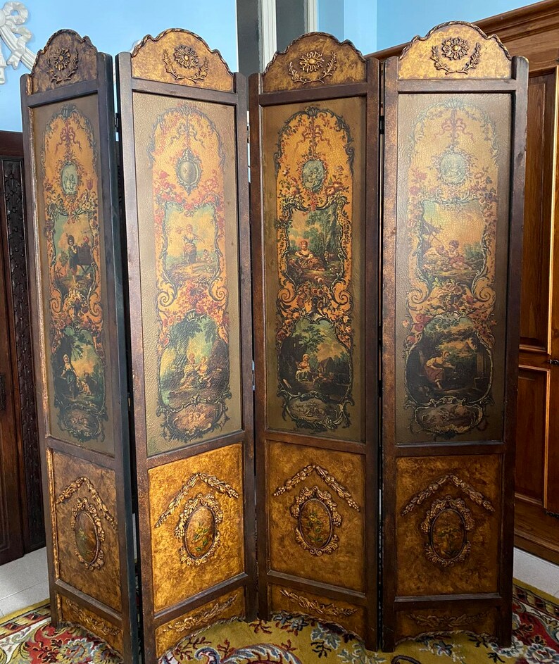 Ancient Folding Wooden Screen Painted With Bucolic Scenes - Etsy