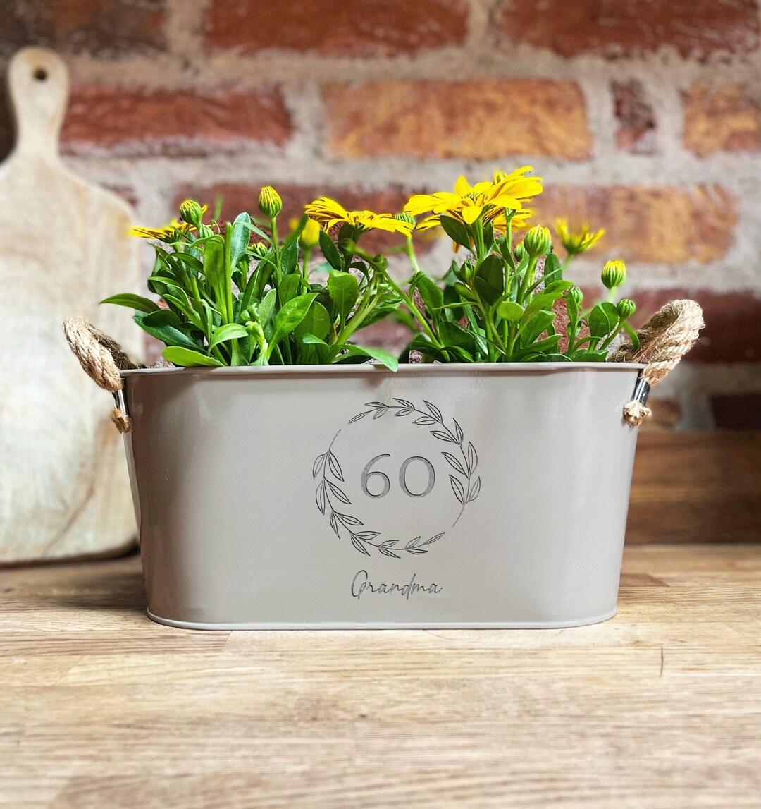 Personalised Birthday Planter: Engraved Metal Pot With Rope Handles ...