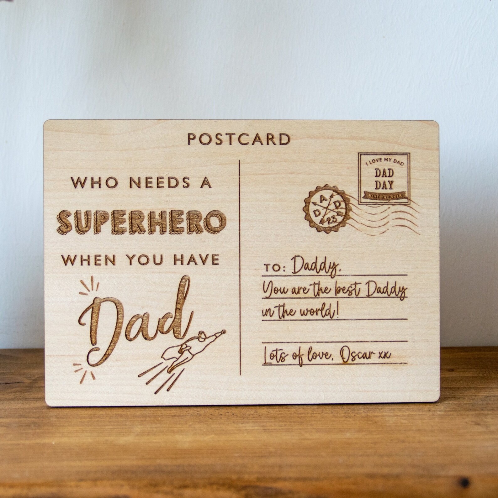Personalised Wooden Postcard | Superhero | Father's Day - Etsy