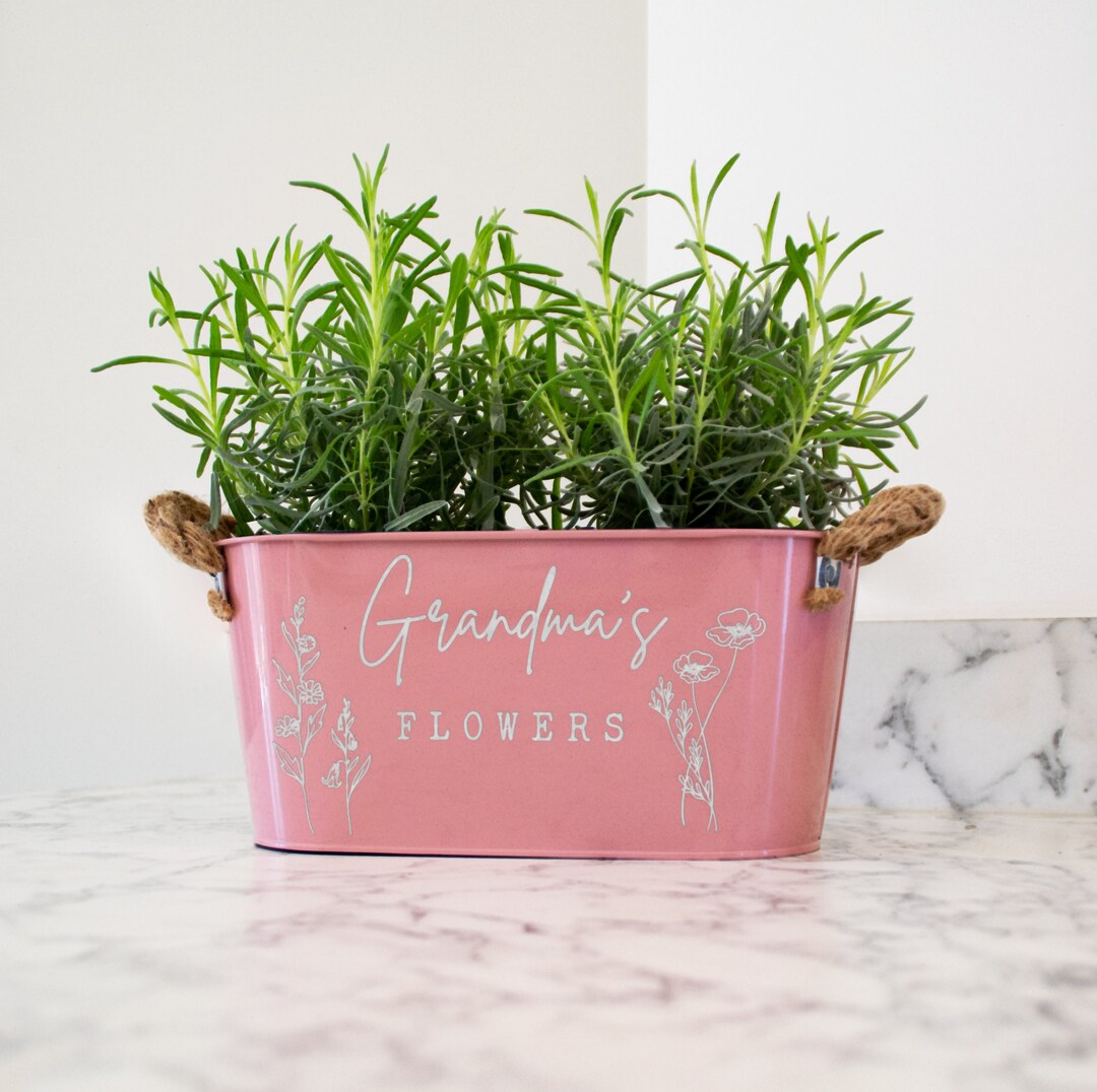 Personalised Flower Design Planter: Engraved Metal Pot With Rope ...