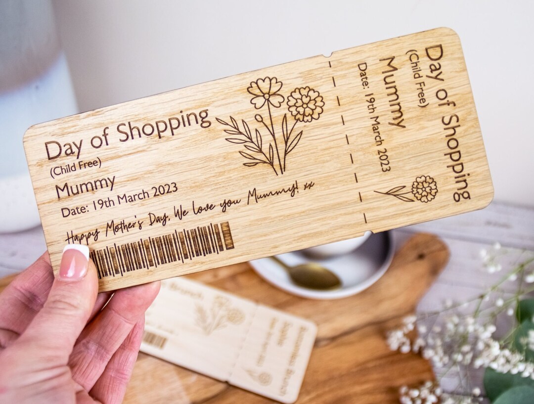 Personalised Wooden Gift Ticket | Voucher | Flower Design Mother's Day ...