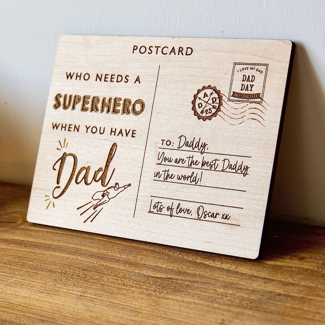 Personalised Wooden Postcard | Superhero | Father's Day - Etsy