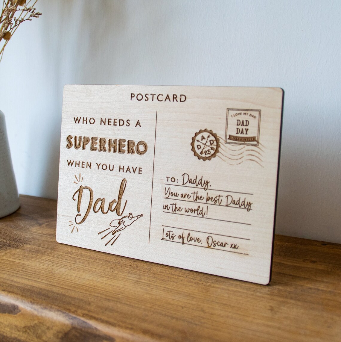 Personalised Wooden Postcard | Superhero | Father's Day - Etsy