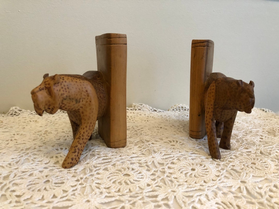Lovely Leopard Bookends Wooden Leopard Bookends Vintage Wood Bookends ...