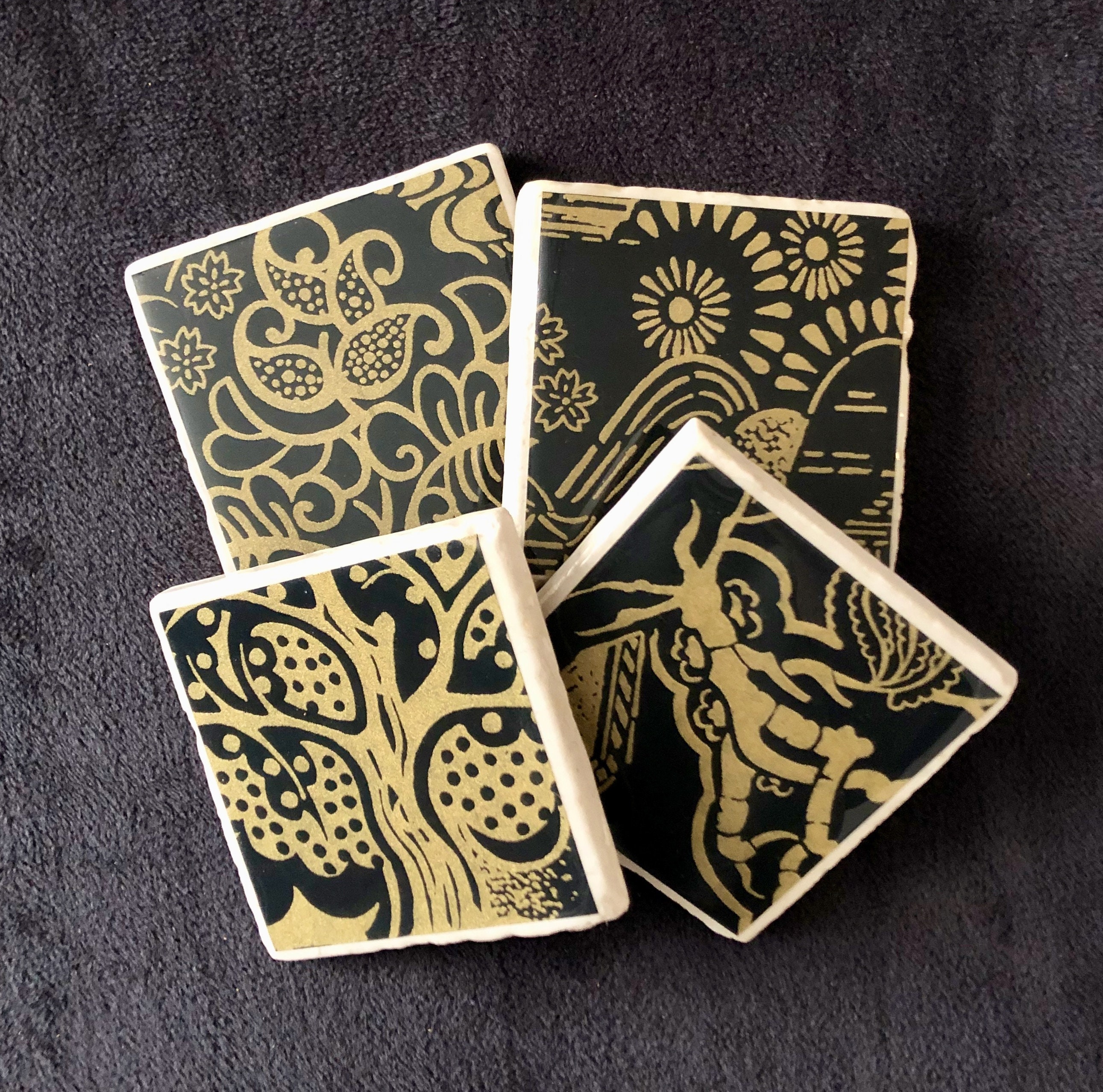 Black and Gold Basuto Tumbled Marble Stone Coaster Set of 4/repurposed ...