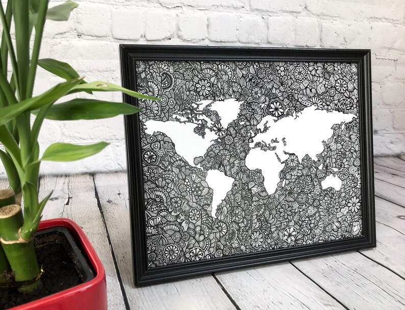 World Map - Zentangle Map - Art Print - Map Artwork - Wall Decor ...