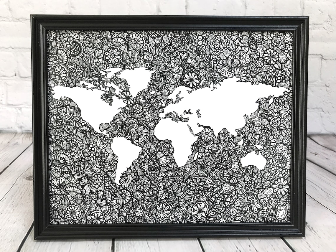 World Map - Zentangle Map - Art Print - Map Artwork - Wall Decor ...