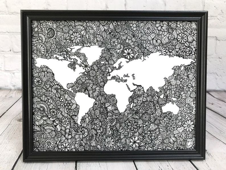 World Map - Zentangle Map - Art Print - Map Artwork - Wall Decor ...