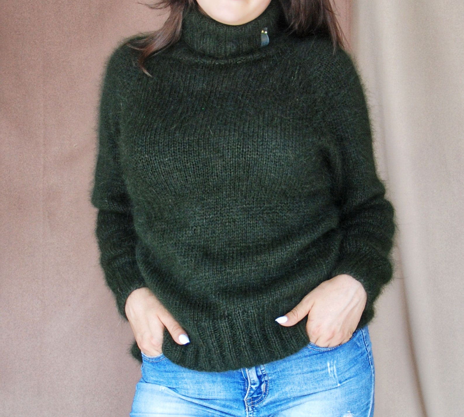 Dark Green Fluffy Sweater Knit Angora Pullover Cropped Sweater - Etsy