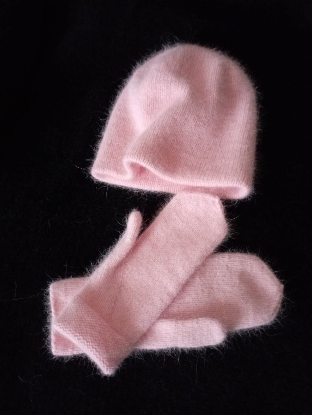 Set Angora Hat and Mittens Light Pink Color Angora Hat With Pompon ...