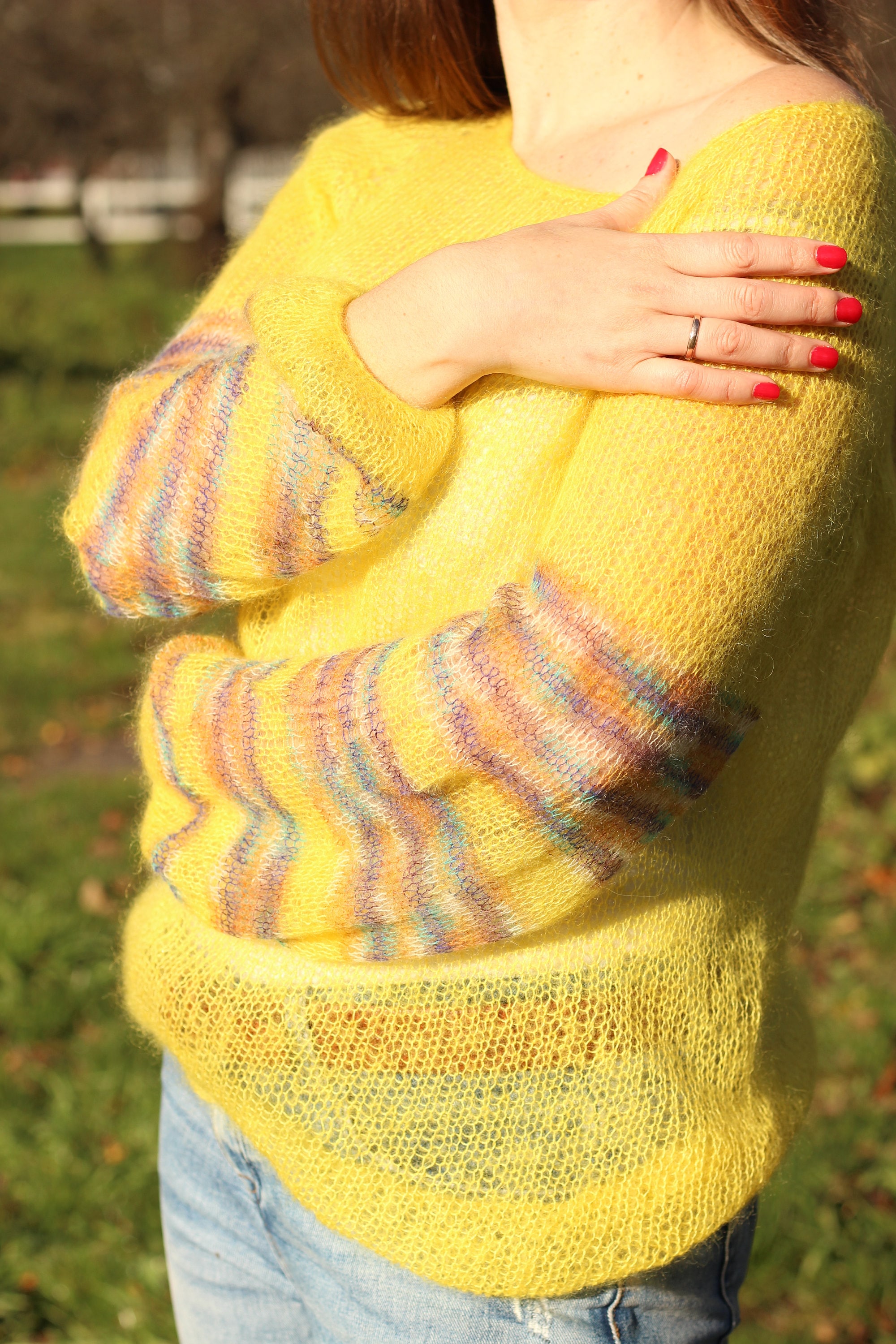 Yellow Mohair Sweater Women off Shoulders Oversized Loose Knitted ...