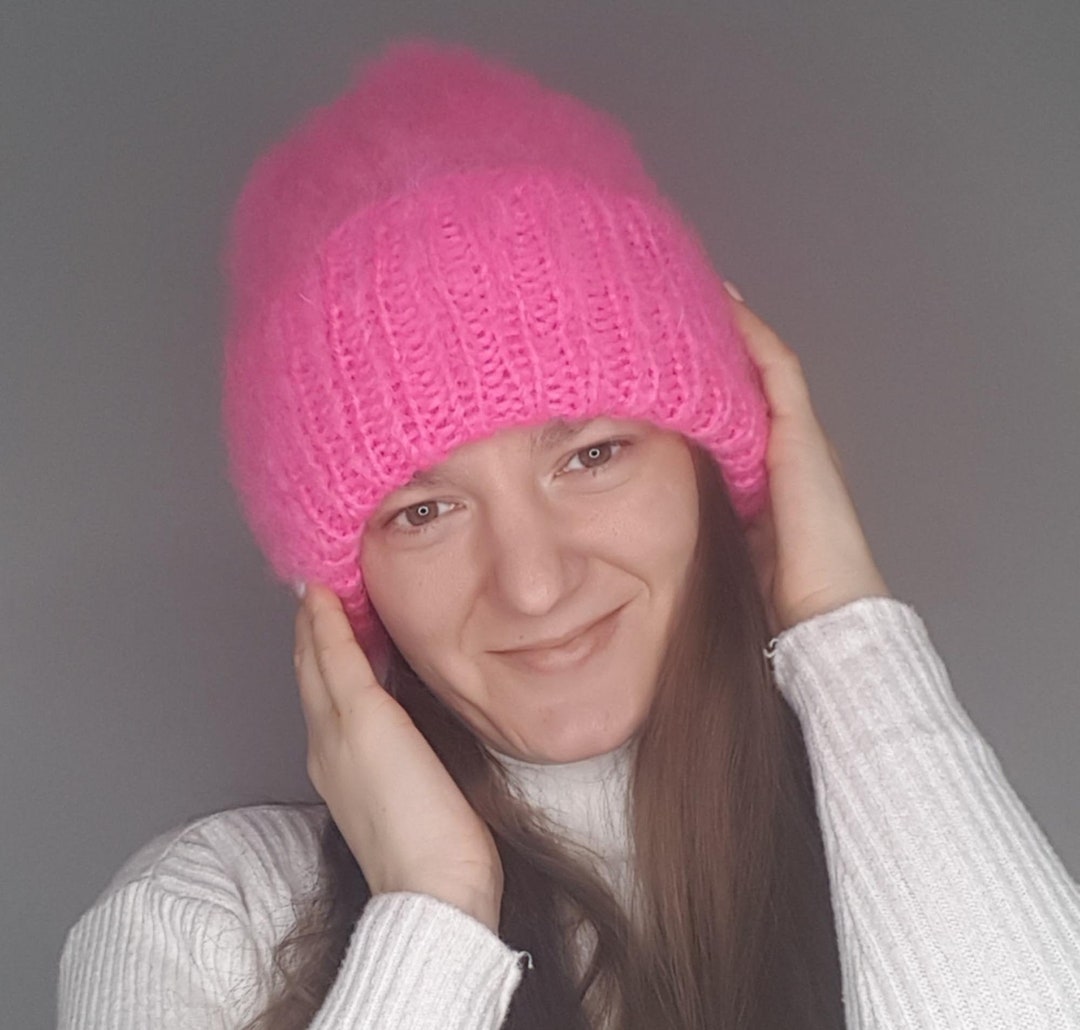 Gorro de mohair esponjoso para mujer, gorro volumétrico esponjoso rosa neón, color rosa neón ...