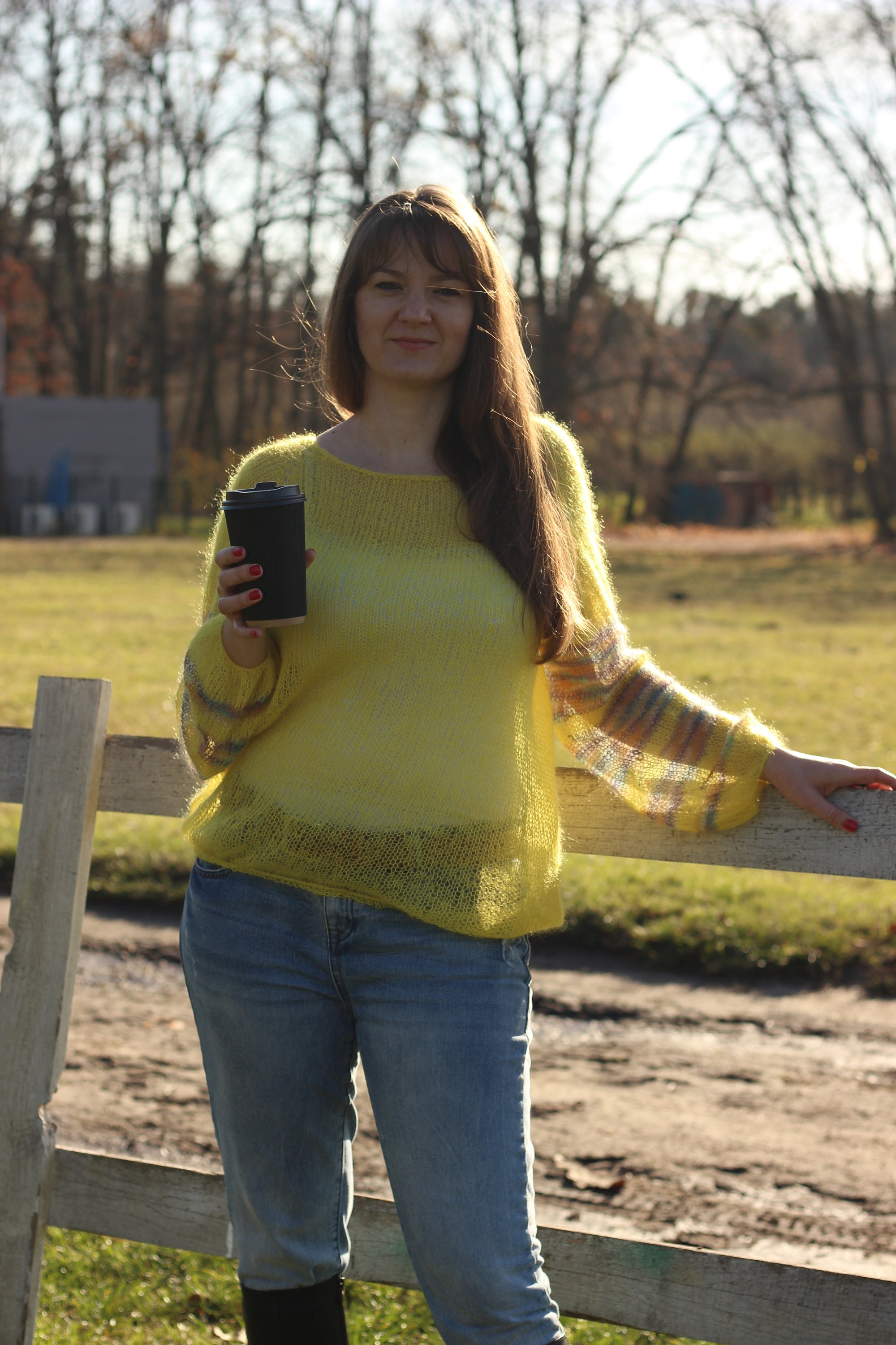 Yellow Mohair Sweater Women off Shoulders Oversized Loose Knitted ...