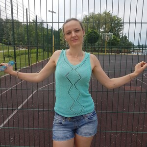 Turquoise Summer Knitted Women's Casual Tank Top Shirt Made Cotton ...