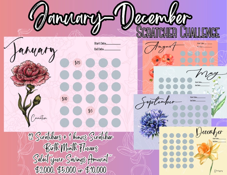 12 Month Scratcher Savings Challenge, Birth Month Flowers, 12 ...