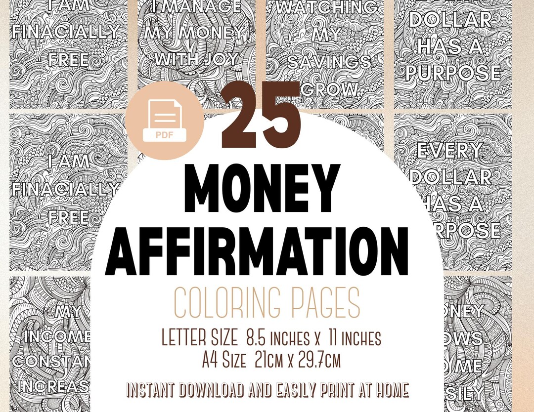 Money Affirmations Coloring Pages – 26-page PDF | Printable Positive ...