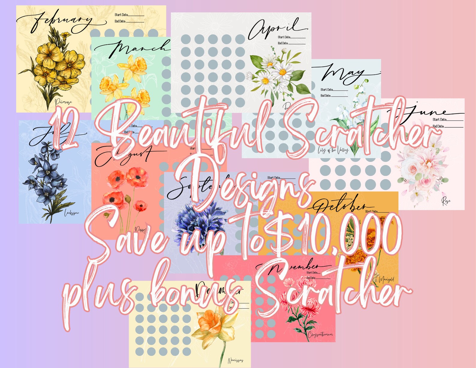 12 Month Scratcher Savings Challenge, Birth Month Flowers, 12 ...
