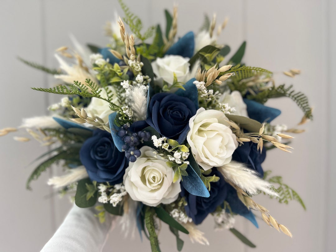 Navy Blue and White Bridal Bouquet, Navy Blue and White Wedding Flowers ...