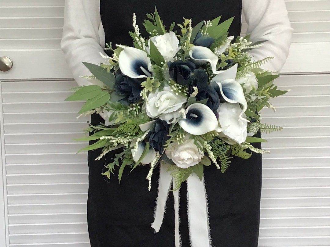 Navy Blue and White Bridal Bouquet, Wedding Bouquet, Navy Calla Lilies ...