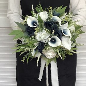 Navy Blue and White Bridal Bouquet, Wedding Bouquet, Navy Calla Lilies ...
