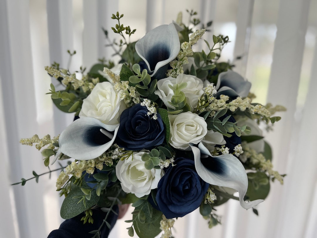 Navy Blue and White Wedding Flowers, Navy Blue and White Bridal Bouquet ...