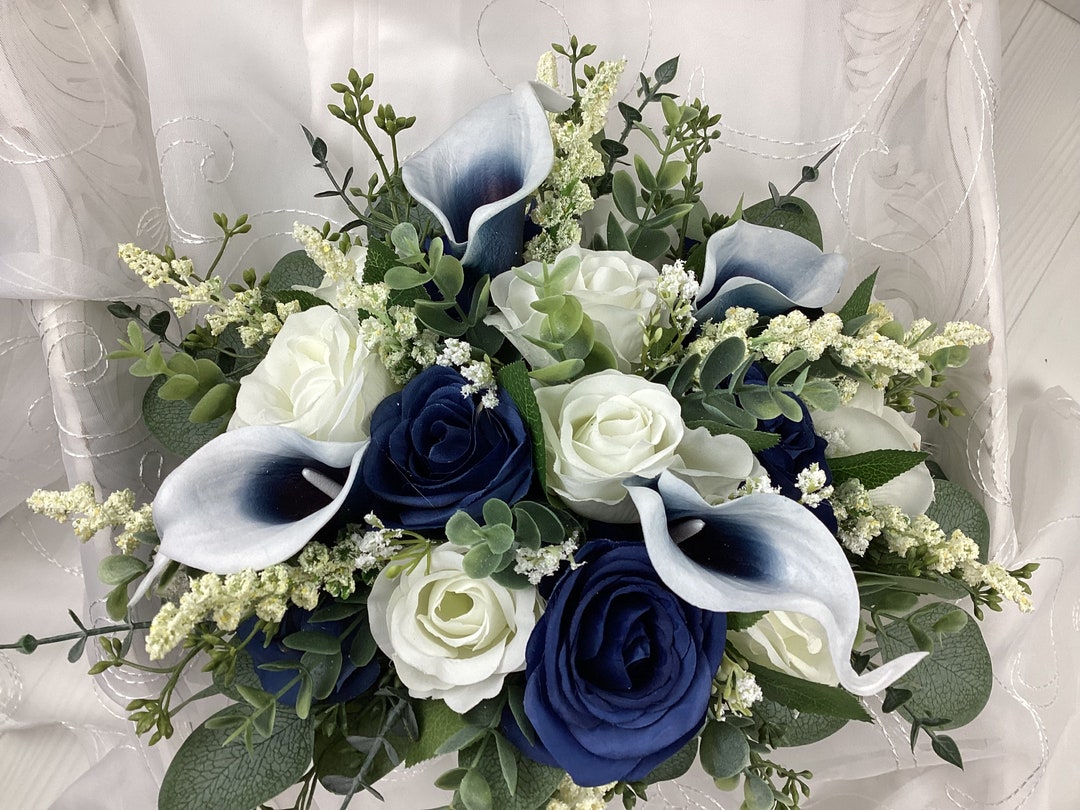Navy Blue and White Wedding Flowers, Navy Blue and White Bridal Bouquet ...