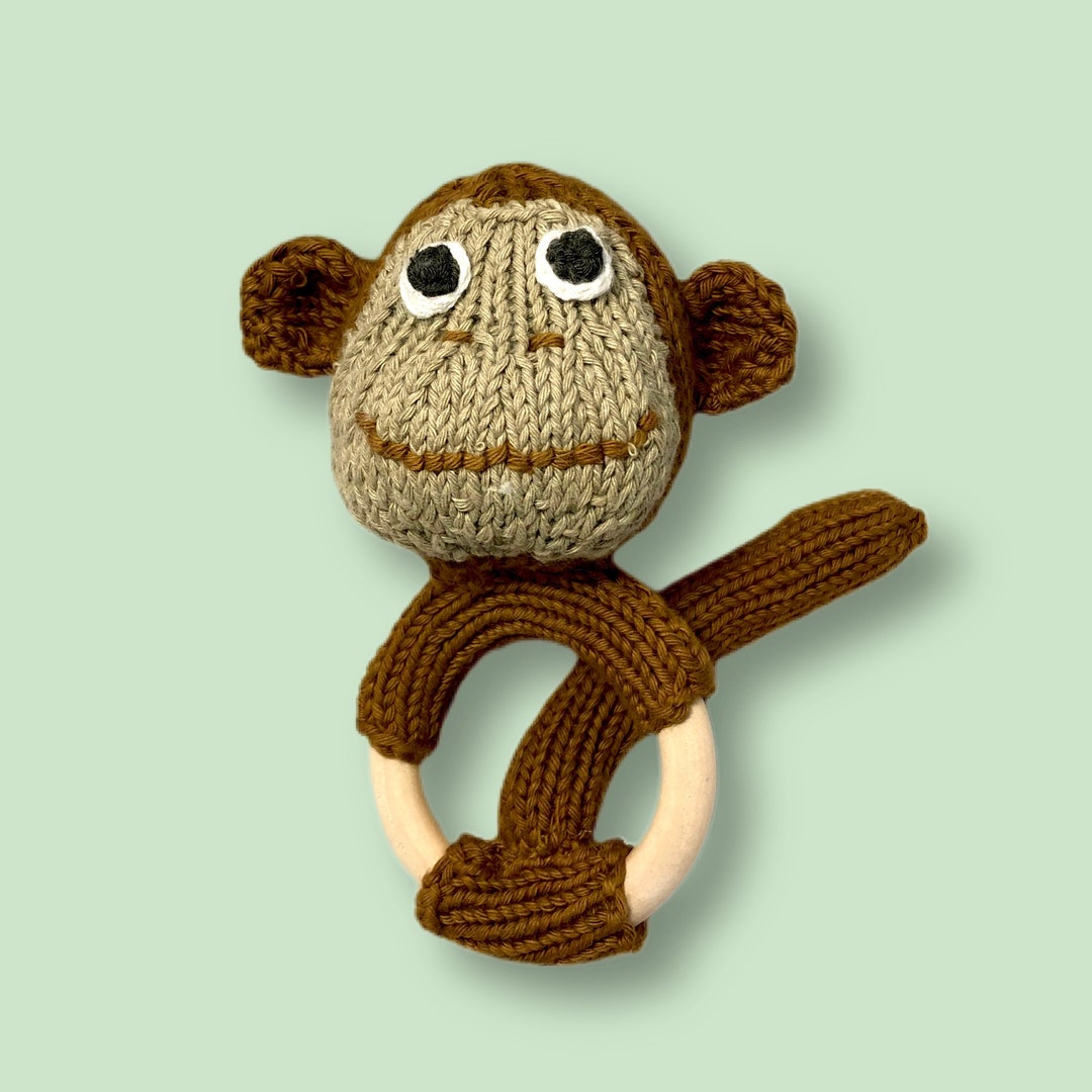 Monkey Hand Knit Teething Ring Baby Toy Naturally Dyed Bamboo Wooden ...